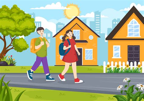After School Vector Illustration With Students Leave School Building