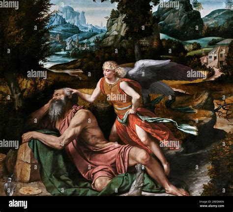 Elia Confortato Dallangelo Olio Su Tela Alessandro Bonvicino Detto Il Moretto 1524