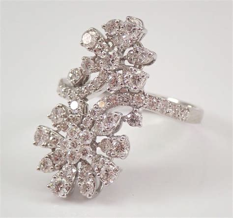 Large Diamond Flower Bypass Ring 18k White Gold Fine Jewelry Floral