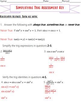 Simplifying Trig Expressions Using Identities Assessment By Pi 4 Ever