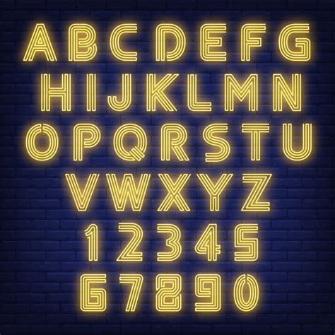 영어 알파벳 네온 사인 어두운 벽돌 벽 바탕에 빛나는 문자와 숫자 Eps Uidownload