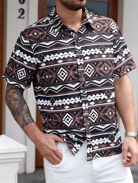 Manfinity Homme Mens Geometric Print Button Up Short Sleeve Shirt