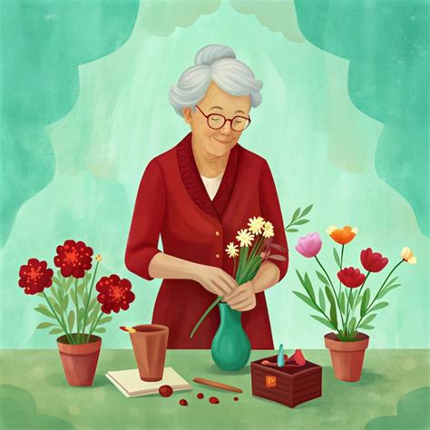 An Illustration Of An Old Woman Arranging Flowers In A Garden Premium