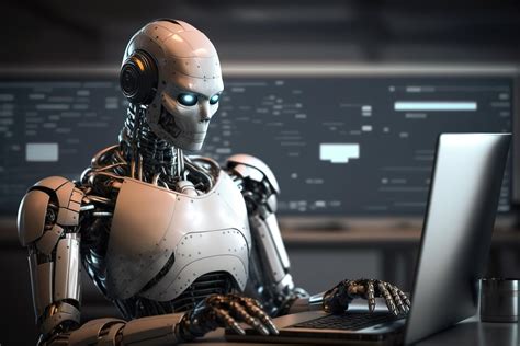 Premium Photo Android A Robot Working In The Office At The Computer Artificial Intelligence