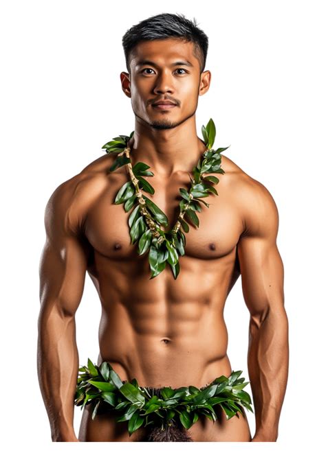 Strong Male Model In Traditional Hawaiian Attire Against Black