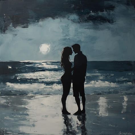 A Painting Of A Couple On The Beach With The Moon In The Background