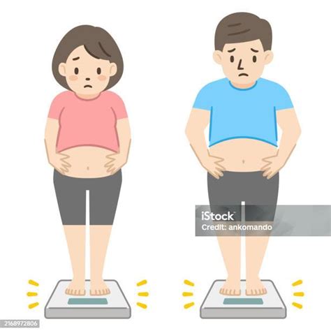 뚱뚱한 남자와 여자가 저울에 서 있는 벡터 그림 걱정하는에 대한 스톡 벡터 아트 및 기타 이미지 걱정하는 과체중 남성 Istock