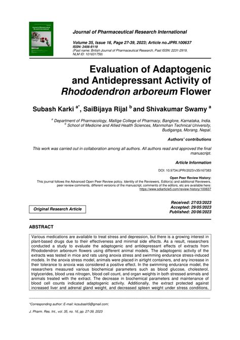 Pdf Evaluation Of Adaptogenic And Antidepressant Activity Of