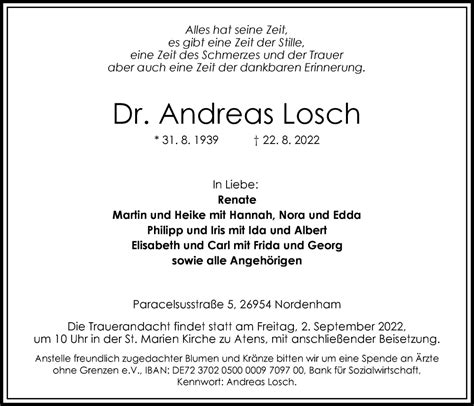 Traueranzeigen Von Andreas Losch Nordwest Trauer De