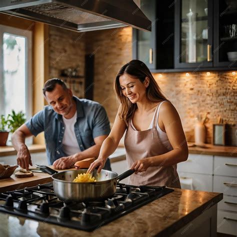 Premium Photo Wife Is Cooking While Husband Is Standing Next To Her