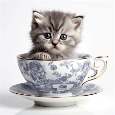 Premium Photo A Small Kitten Is Sitting In A Teacup With A Floral Design