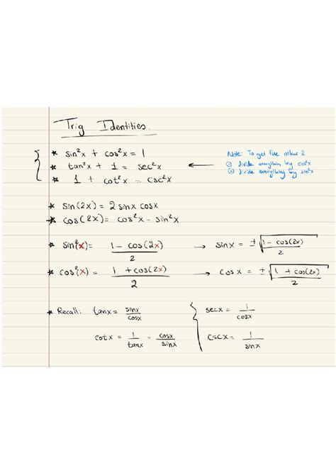 Trig Identitites Summary Differential Integral Calculus II Trig Identities Sin2x Cos2x