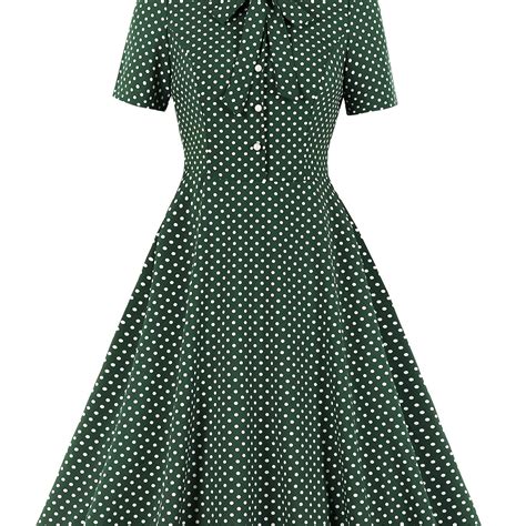 Womens Vintage Polka Dot Retro Rockabilly Prom Dress Double Breasted A