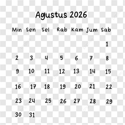 August 2026 Plain Calendar In Indonesian 2026 August Calendar Png