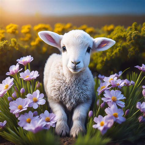 Cutest Easter Spring Lamb In Flowers Cute Adorable Cutest Easter Spring Lamb In Flowers Stock