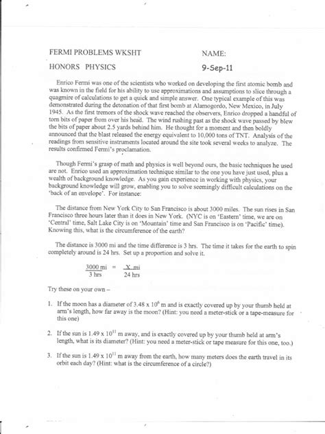 Fermi Problems Worksheet Pdf Physics Physical Sciences