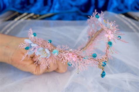 Elven Diadem Fairy Crown Elf Tia Pale Pink Blue Flower Halo With Crystal Elven Circlet Flower