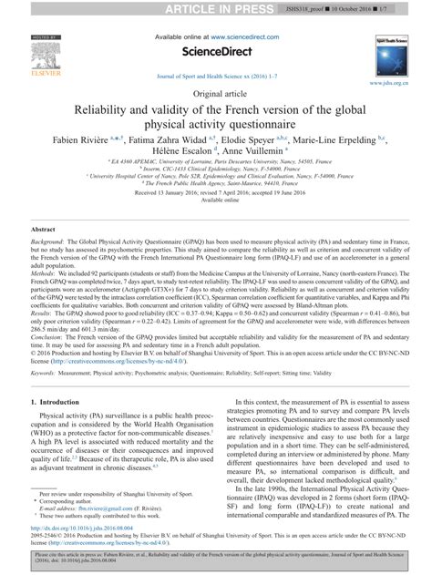 Pdf Reliability And Validity Of The French Version Of The Global Physical Activity Questionnaire