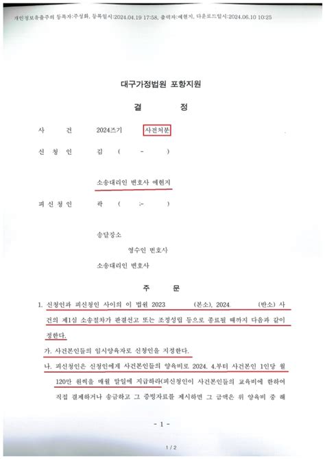 이혼소송 중 양육비 사전처분 승소사례 성공사례 포항 이혼형사전문변호사 법률사무소 예윤