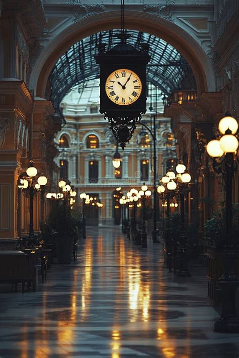 A Grand Elegant Arcade Is Beautifully Lit At Night Featuring A Hanging Clock And Ornate Lamps