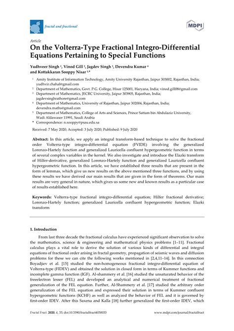 Pdf On The Volterra Type Fractional Integro Differential Equations