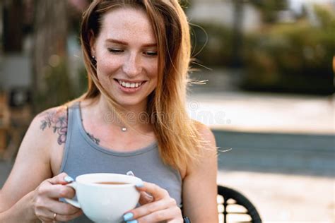 Beautiful Cute Young Woman While Drinking Tea In Modern Street Cafe Stock Image Image Of Lady