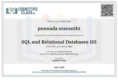 Ponnada Sravanthi On Linkedin 🎓 Certificate Of Completion Sql And Relational Databases Im