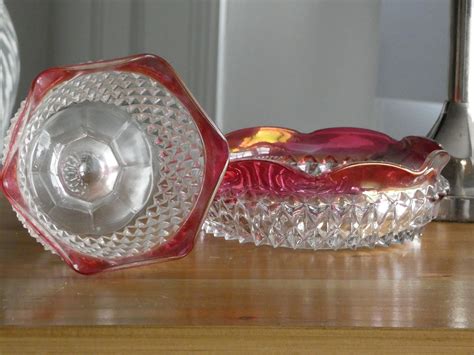 Ruby Flash Glass Bowls Kings Crown Diamond Point Cranberry Red Trim