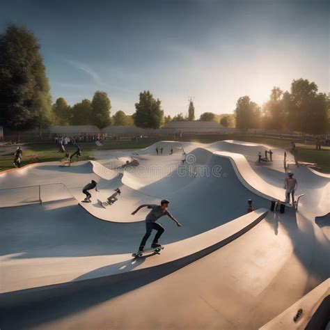 Dynamic Skateboard Park With Skaters Performing Tricks Energetic And Cool Illustration For