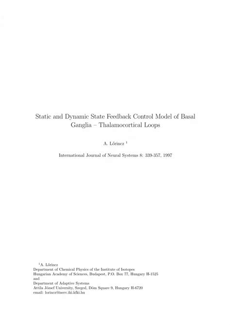 Pdf Static And Dynamic State Feedback Control Model Of Basal Ganglia Thalamocortical Loops