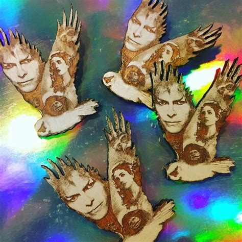 David Bowie Labyrinth 80s Poster Owl Engraved Wood Brooch — Memorabilia