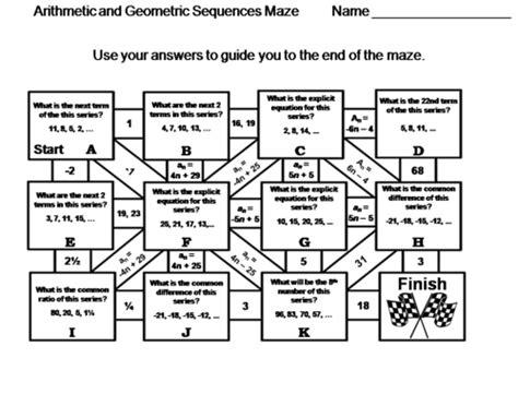 arithmetic and geometric sequences math maze teaching resources
