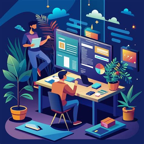 Premium Vector A Poster For A Computer Shows A Man Sitting At A Desk And A Man Working On A Laptop