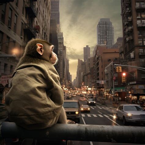 Premium Ai Image Monkey In Jacket Is Sitting Over City