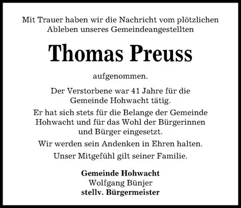 Traueranzeigen Von Thomas Preuss Trauer Anzeigen De