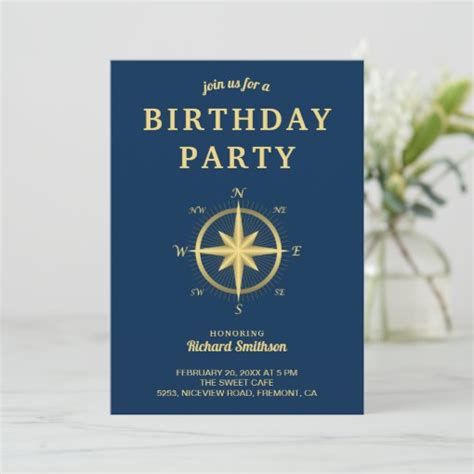 Elegant Blue And Gold Nautical Compass Birthday Invitation Zazzle
