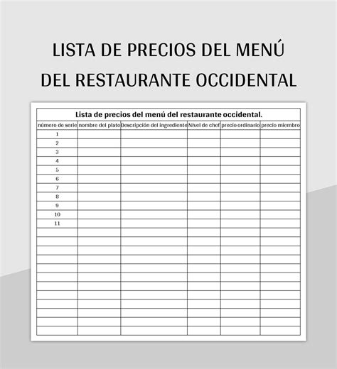 Plantilla De Excel Lista De Precios Del Menú Del Restaurante Occidental