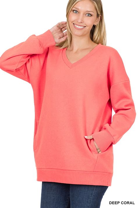 Zenana Women And Plus Basic Relaxed Long Sleeve V Neck Sweatshirts Wside