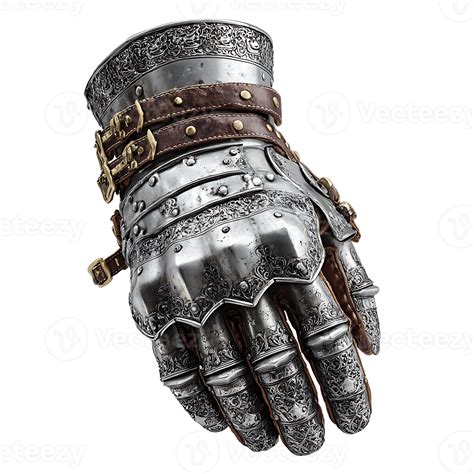 Ornate Steel Knight S Gauntlet With Leather Straps And Buckles