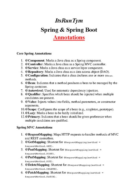 Spring And Spring Boot Annotations Cheat Sheet Itsruntym Studocu