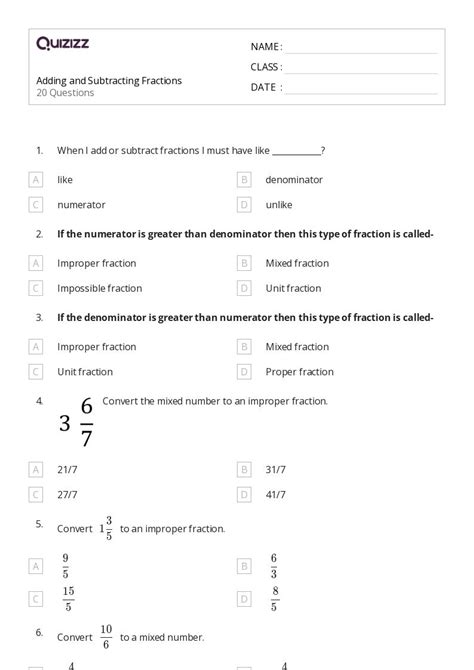 50 adding and subtracting fractions worksheets for 8th class on quizizz free and printable
