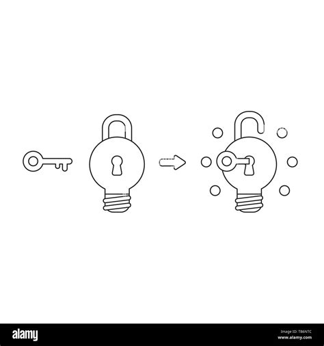 Vector Icon Concept Of Light Bulb Padlock With Key Into Keyhole And Glowing Black Outlines