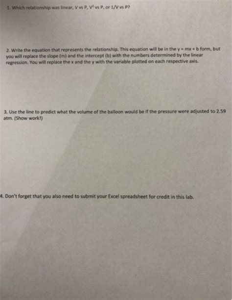 solved 1 which relationship was linear vvs p v vs p or