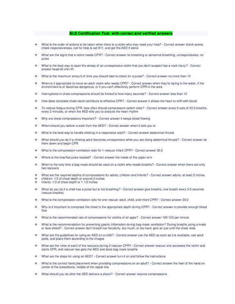 Bls Certification Test With Correct And Verified Answers Exams