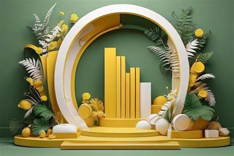 Premium Ai Image Set Of Yellow And White 3d Background With Products Podium Arch Shape And