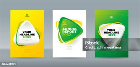 노란색 흰색 녹색 그라데이션 배경과 겹치는 3d 둥근 삼각형의 그림입니다 A4 크기 책 표지 템플릿 노란색 배경에 대한 스톡