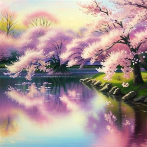 Vibrant Cherry Blossom Tree In Golden Sunset Light Ai Art