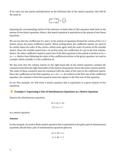 Lesson Introduction To The System Of Linear Equations Nagwa