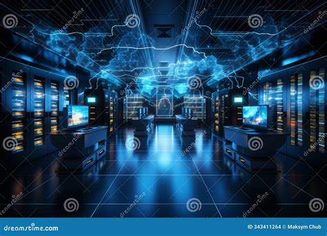 High Tech Data Center With Illuminated Servers And Holographic
