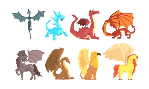 Creaturas Y Bestias Mitológicas Fantásticas Conjunto Vectorial Vector